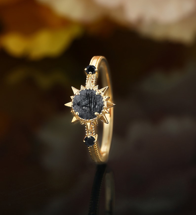 Black Rutilated Quartz Engagement Ring Unique Black Onyx Yellow Gold ...