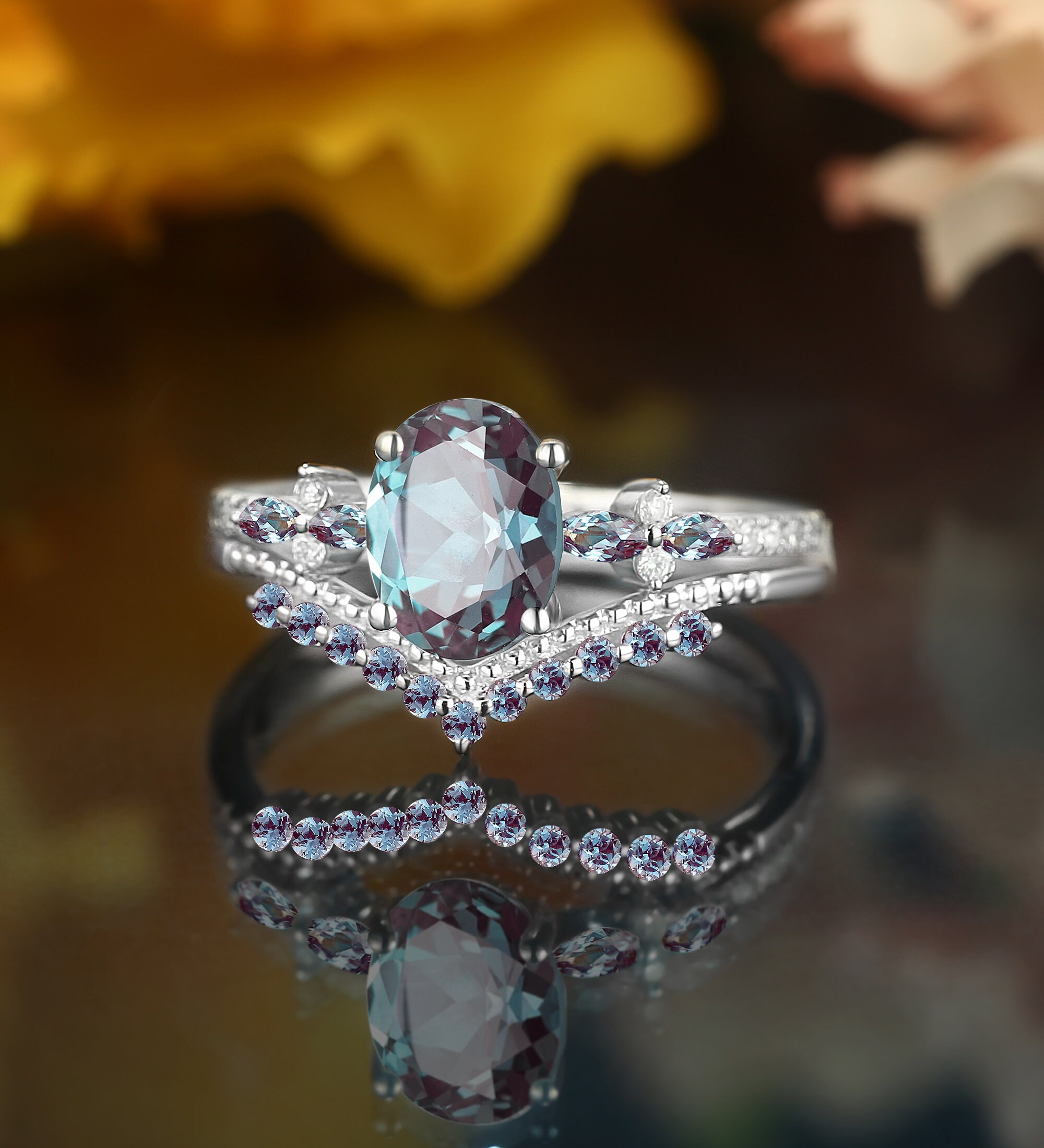 Oval Lab Alexandrite Engagement Ring Vintage White Gold Bridal Set ...