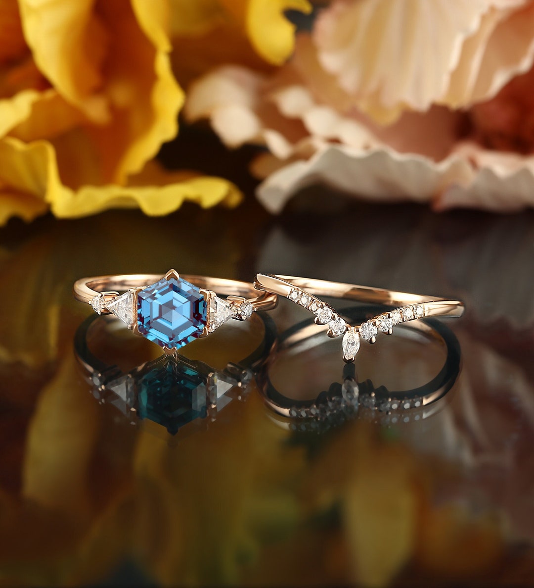 Hexagon Cut Lab Alexandrite Engagement Ring Set, Triangle Moissanite ...