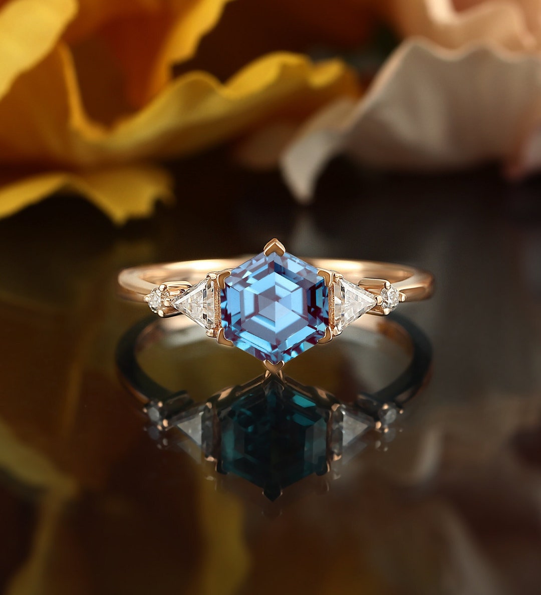 Hexagon Cut Lab Alexandrite Engagement Ring, Triangle Moissanite ...