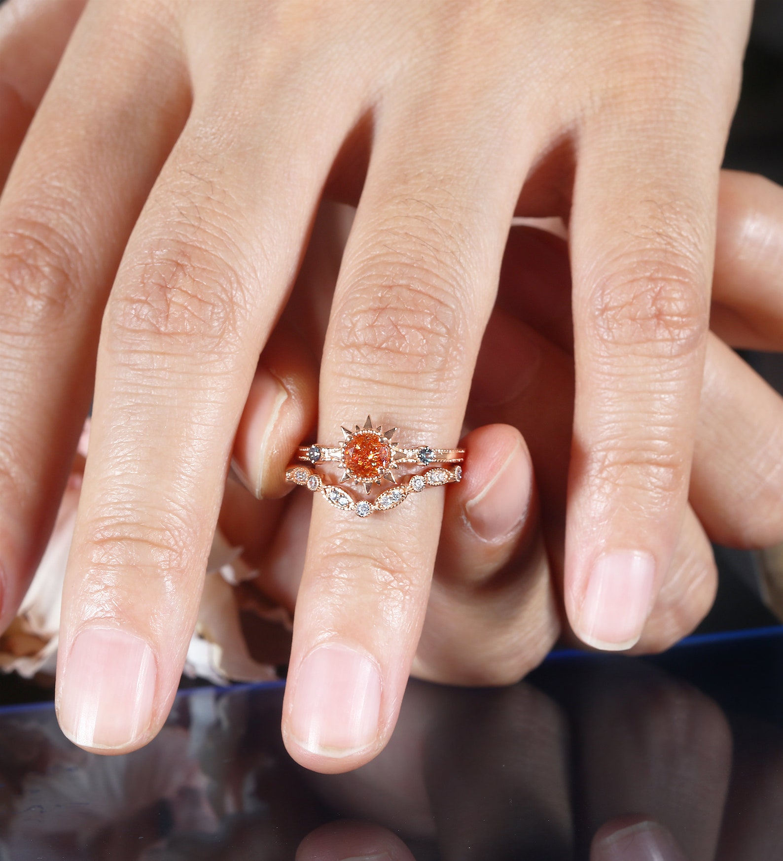 Sunstone Rose Gold Engagement Ring Art Deco Lab Alexandrite Bridal Set ...