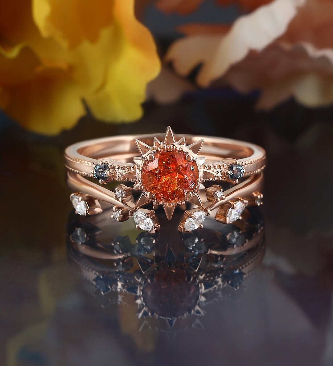 Sunstone Rose Gold Ring Set, Lab Alexandrite Engagement Ring, Open ...
