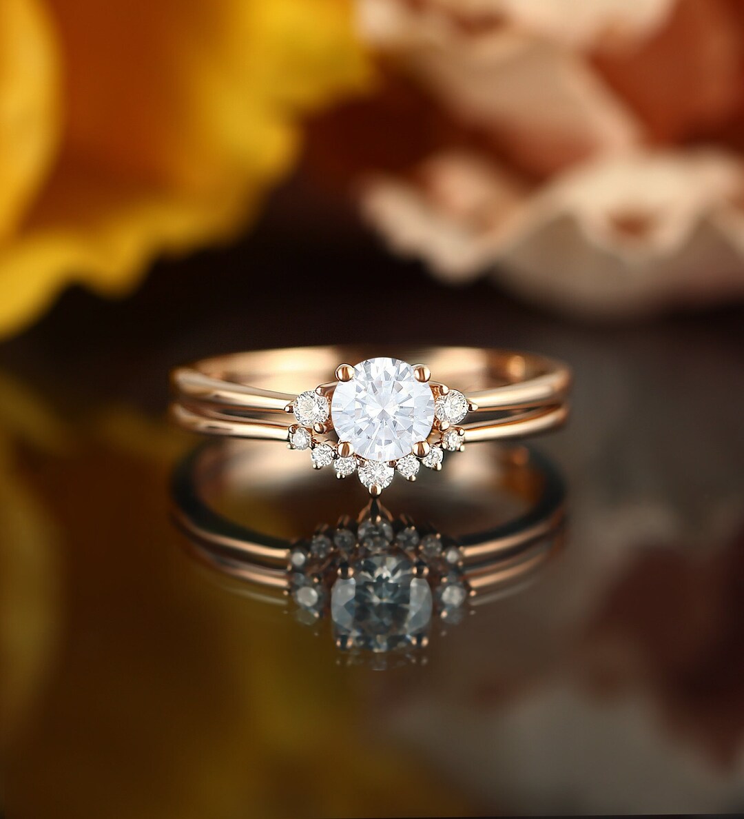 Round Cut Moissanite Engagement Ring, Rose Gold Unique Dainty Bridal ...