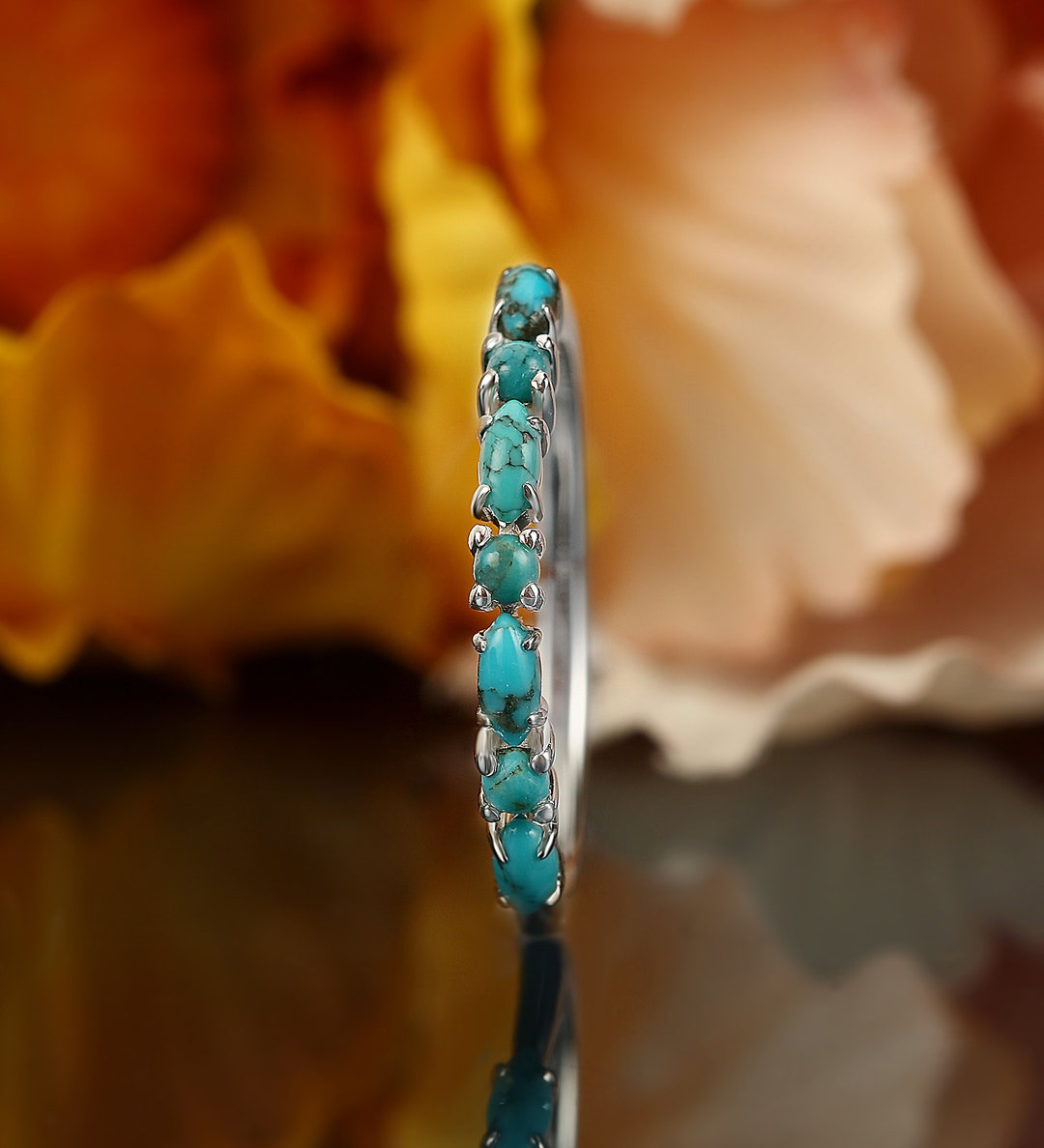 Marquise Cut Turquoise Ring, White Gold Wedding Band, Half Eternity ...