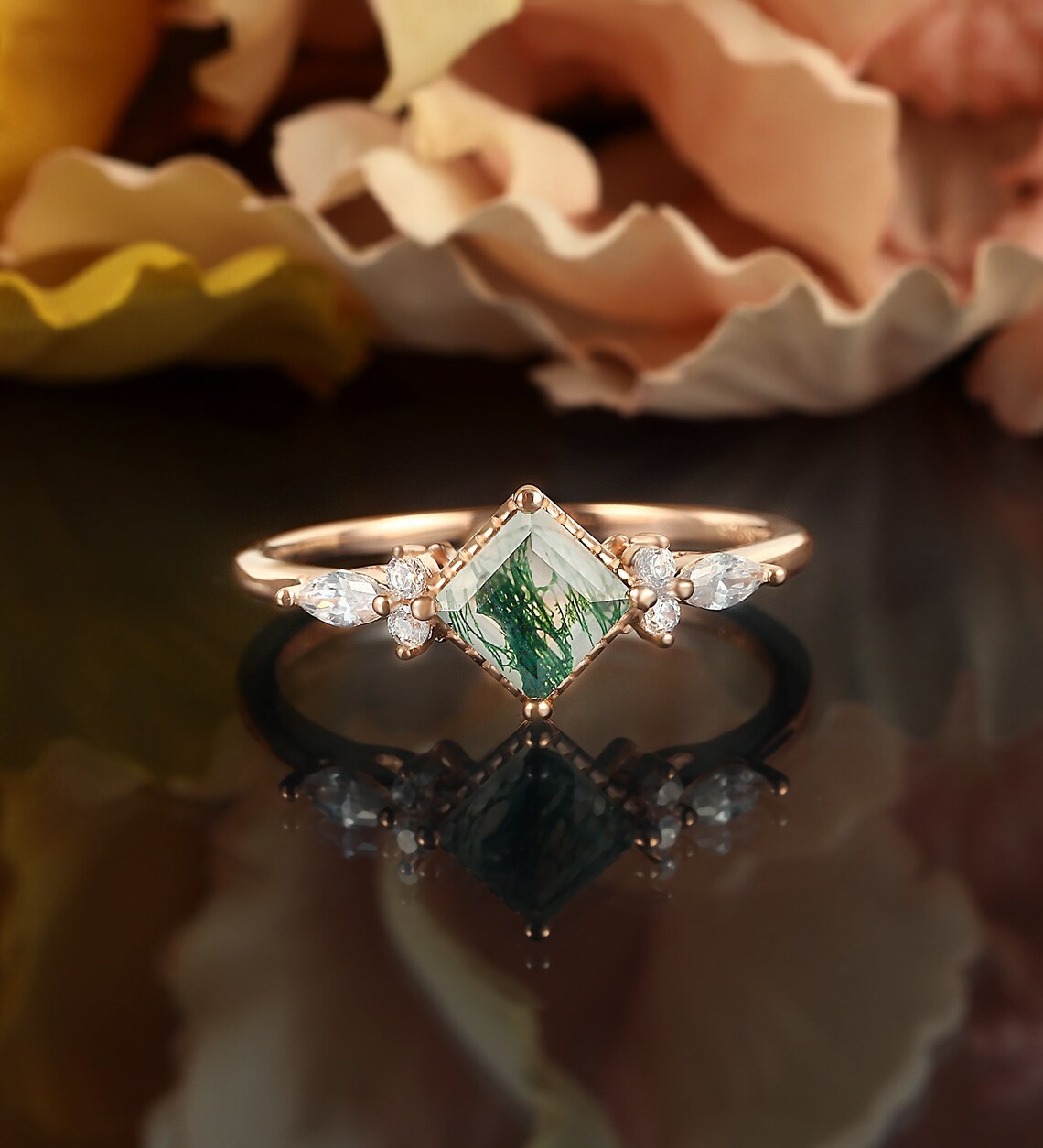 Princess Cut Moss Agate Engagement Ring Vintage Milgrain Art - Etsy