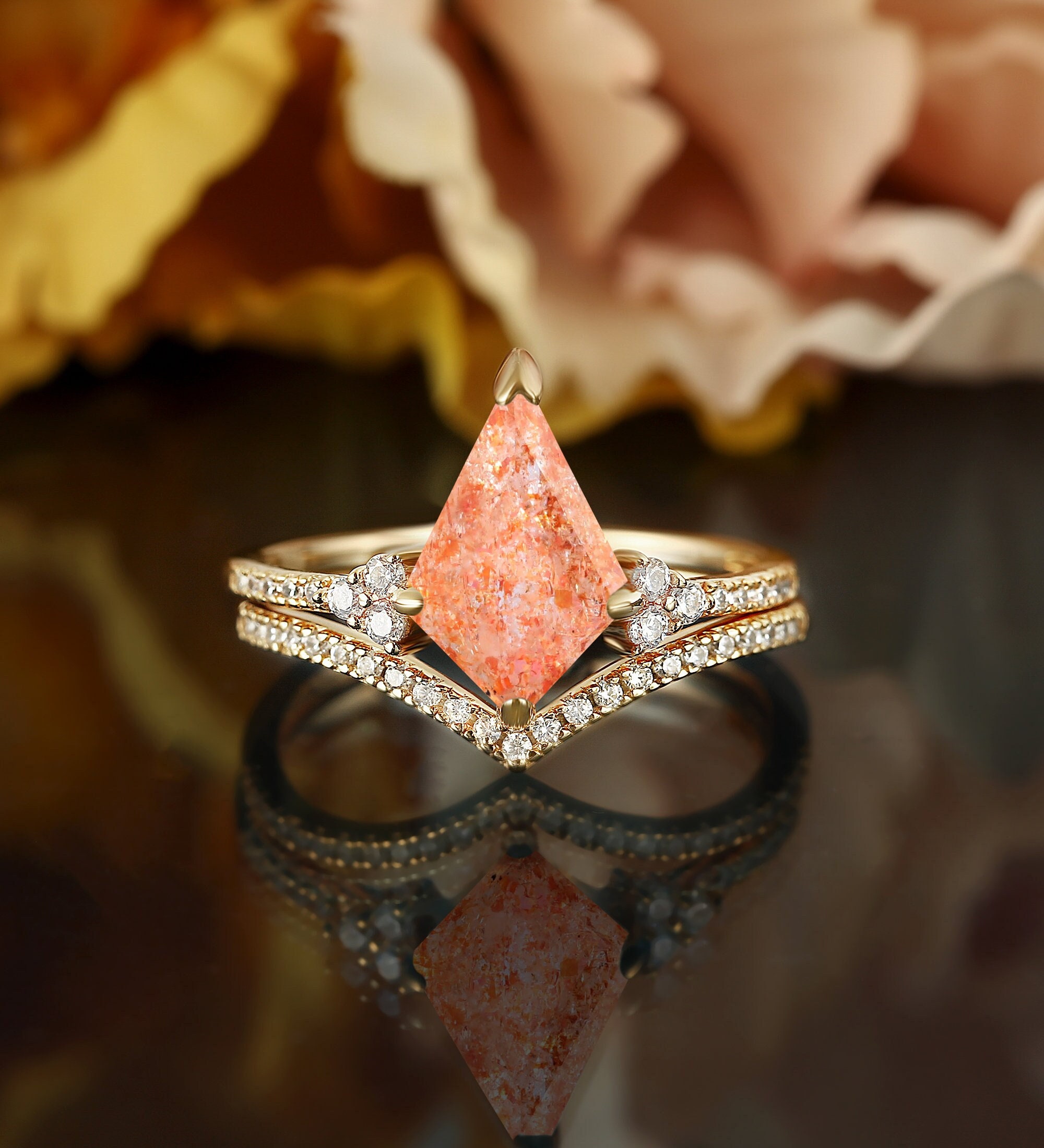 Kite Cut Sunstone Engagement Ring, Moissanite Yellow Gold Bridal Set ...