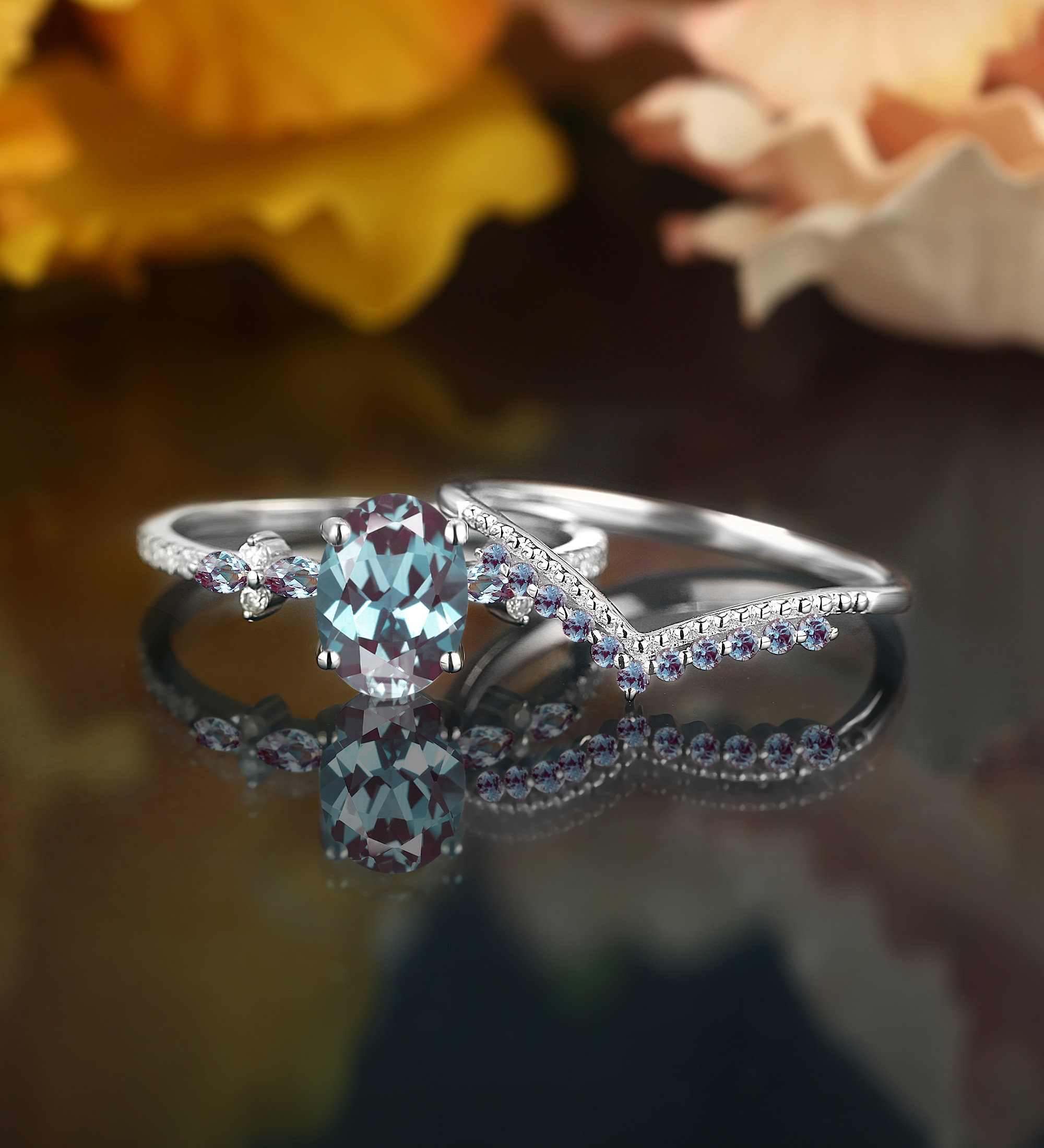 Oval Lab Alexandrite Engagement Ring Vintage White Gold Bridal Set ...