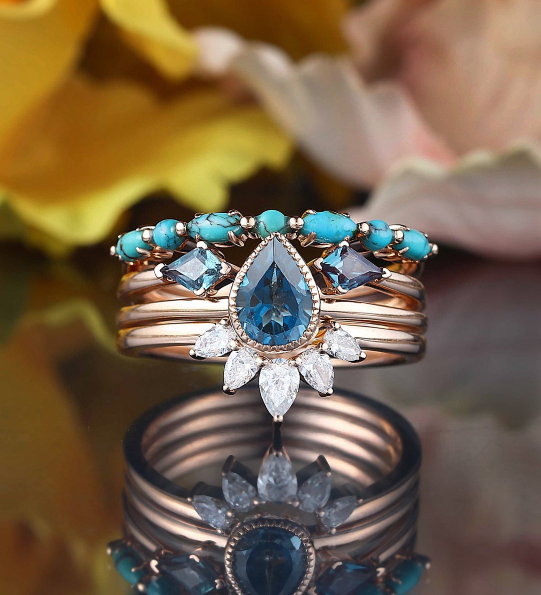 4pcs Pear Shaped Milgrain Blue Topaz Engagement Ring Set Lab ...