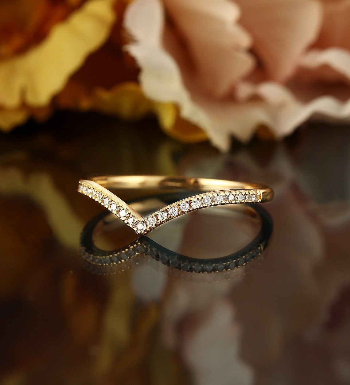 Curved Wedding Band, Yellow Gold Matching Ring, Chevron Stacking Ring ...