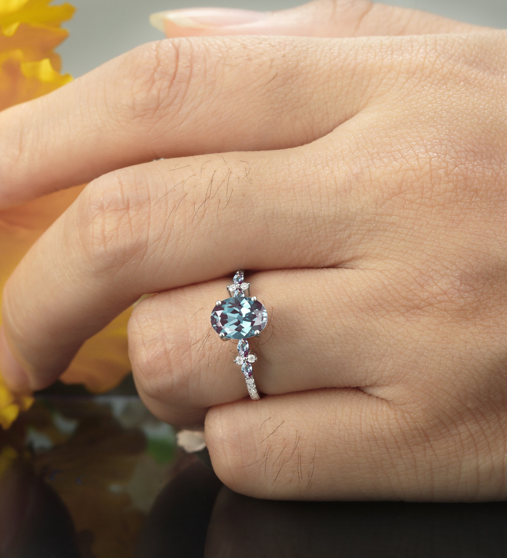 Oval Lab Alexandrite Engagement Ring Vintage White Gold Bridal Set ...