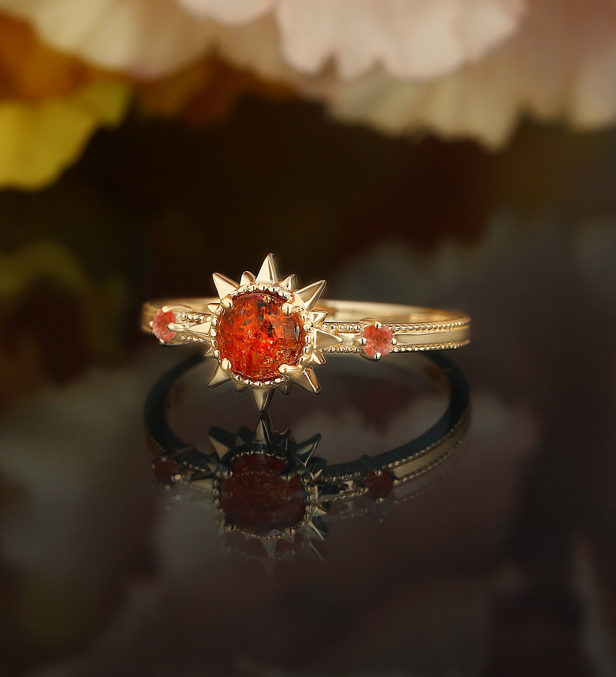 Sunstone Engagement Ring, Unique Yellow Gold Ring, Art Deco Prong Set ...