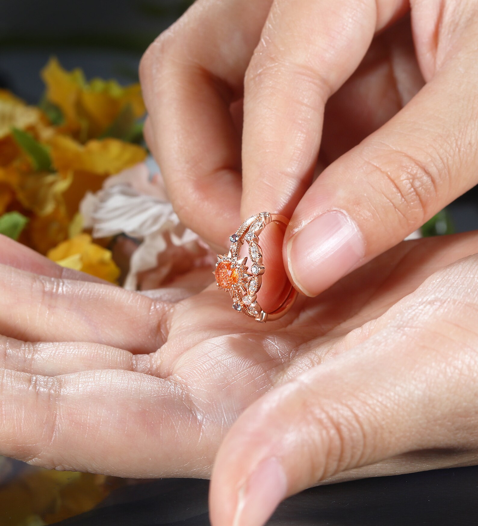 Sunstone Rose Gold Engagement Ring Art Deco Lab Alexandrite Bridal Set ...