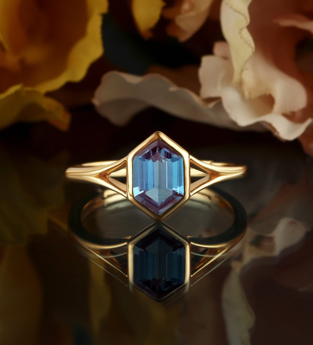 Long Hexagon Lab Alexandrite Ring, Solitaire Yellow Gold Wedding Ring ...