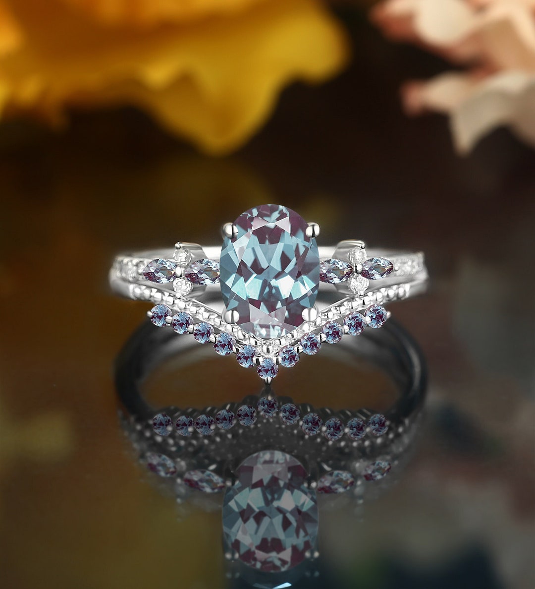 Oval Lab Alexandrite Engagement Ring Vintage White Gold Bridal Set ...