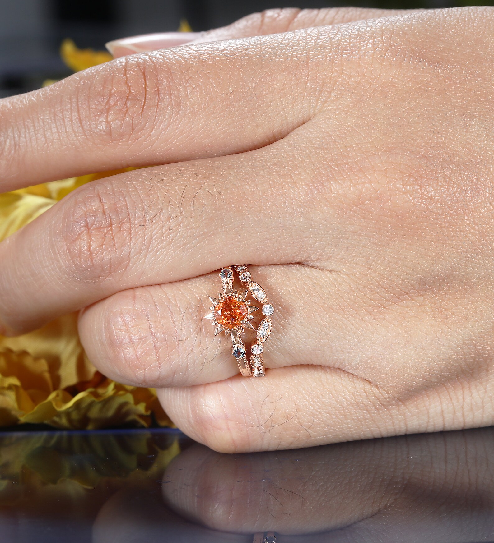 Sunstone Rose Gold Engagement Ring Art Deco Lab Alexandrite Bridal Set ...