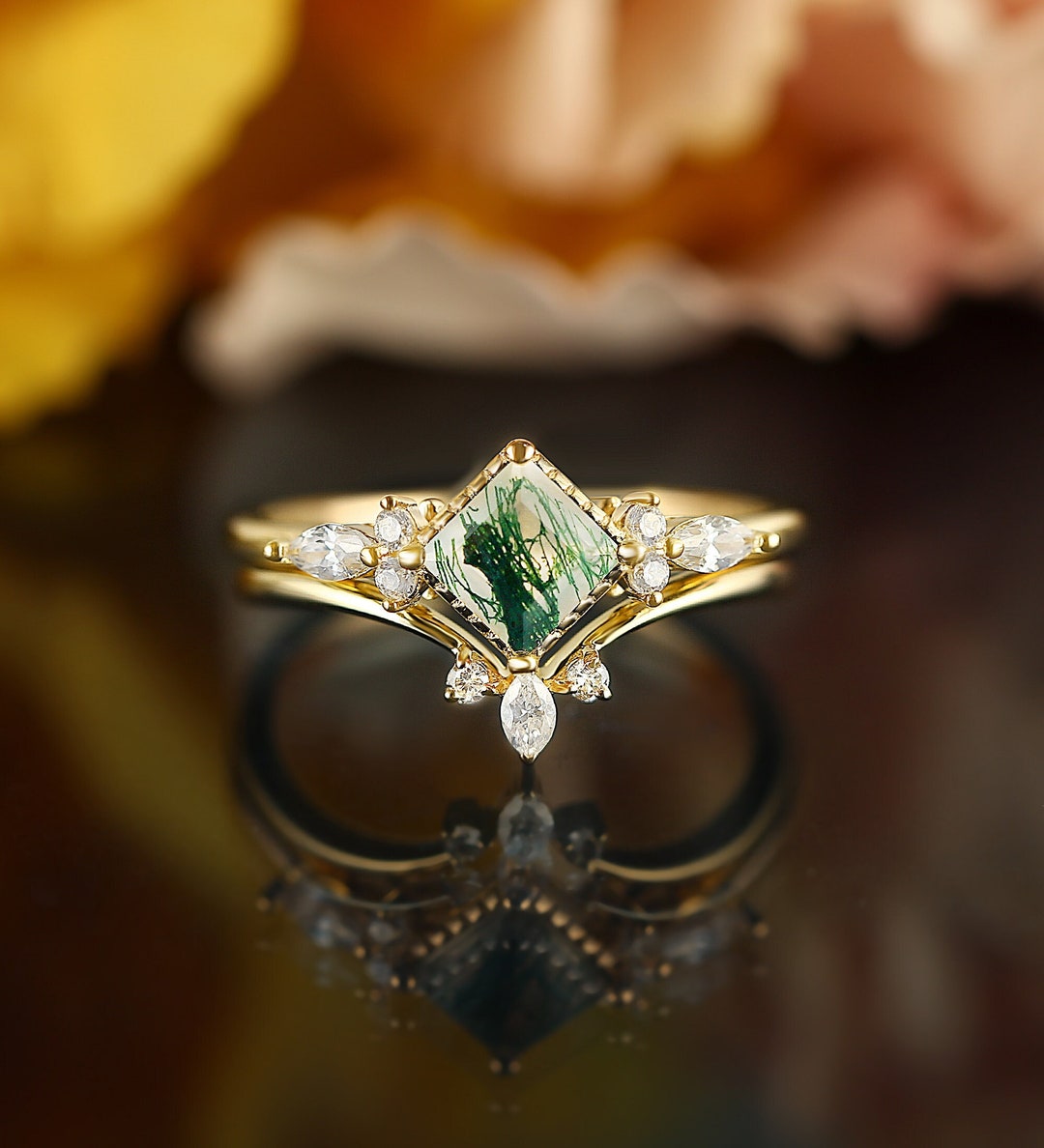 Princess Cut Moss Agate Engagement Ring, Vintage Milgrain Art Deco ...