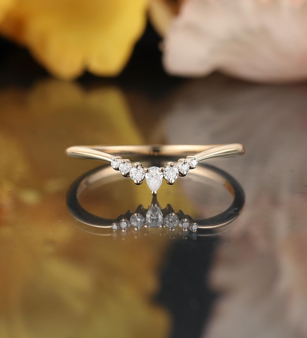 Pear Shaped Curved Wedding Band Moissanite Yellow Gold Wedding Ring ...