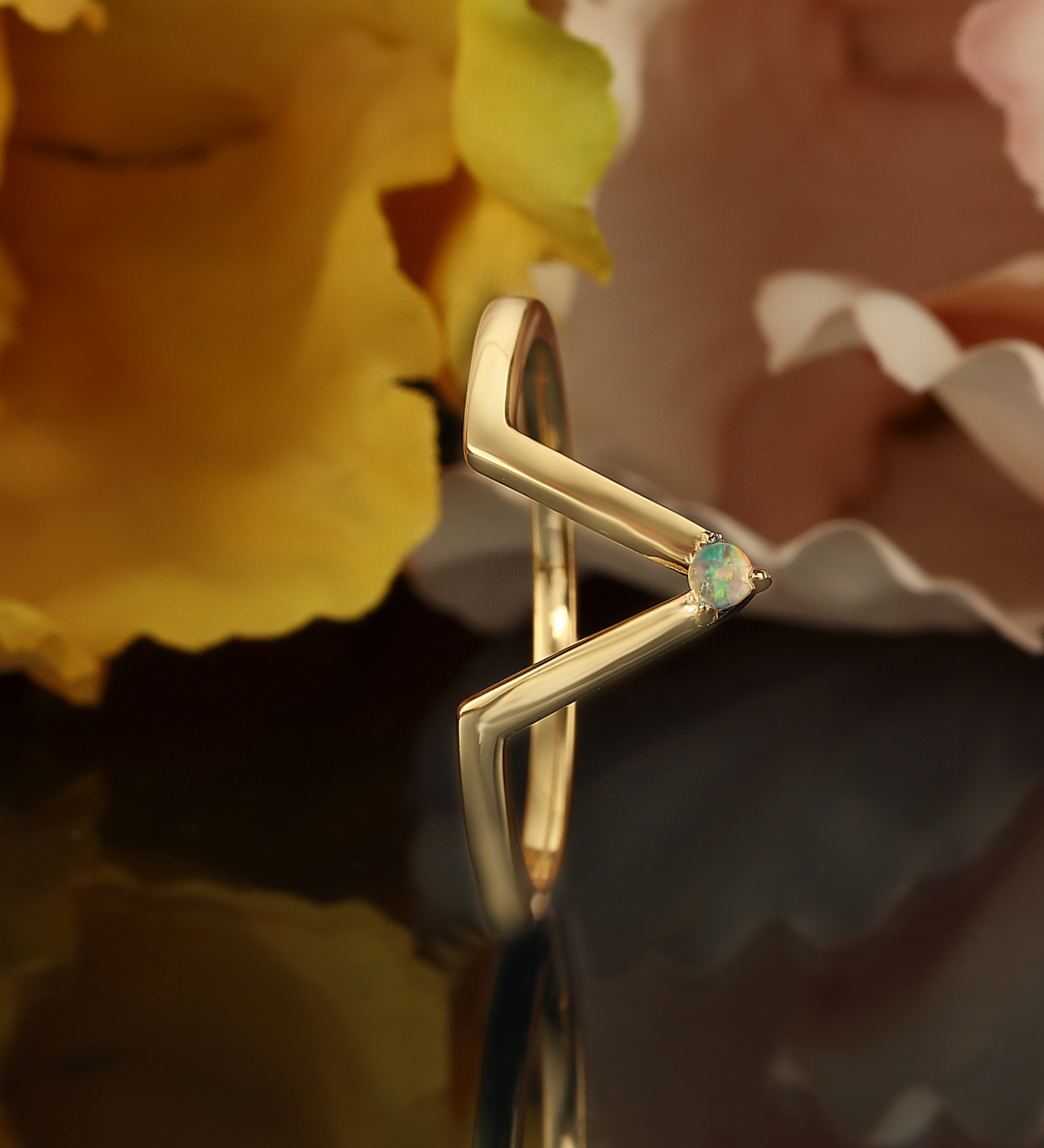 Opal Curved Wedding Band Chevron Matching Band Yellow Gold - Etsy