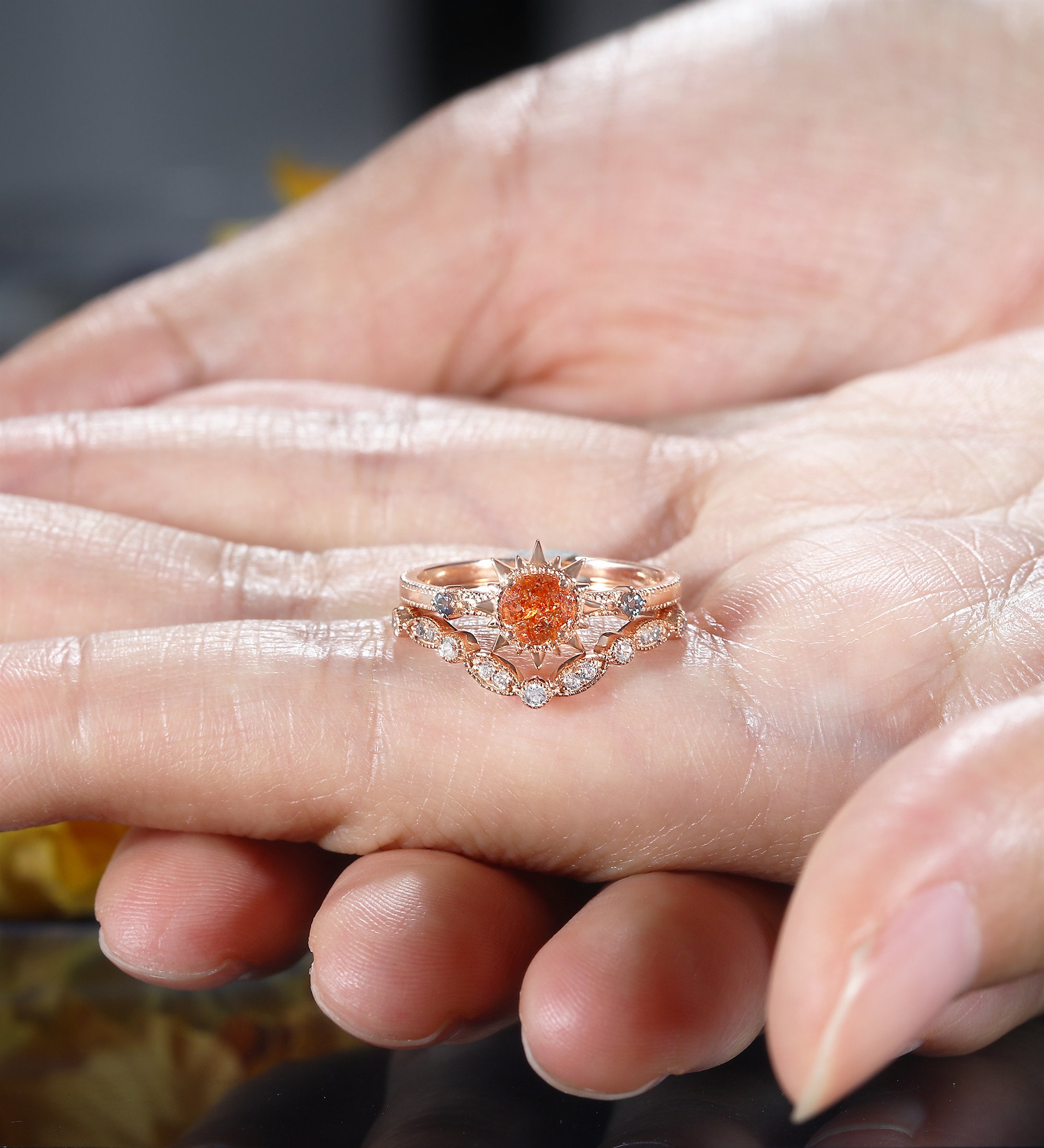 Sunstone Rose Gold Engagement Ring Art Deco Lab Alexandrite Bridal Set ...