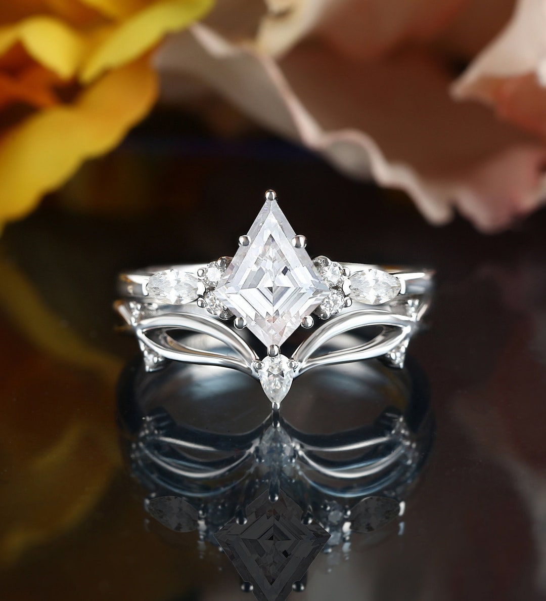 Kite Cut Moissanite Bridal Set, Art Deco Diamond Engagement Ring, Pear ...