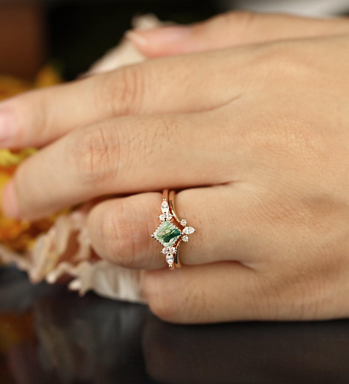 Princess Cut Moss Agate Engagement Ring Vintage Milgrain Art - Etsy
