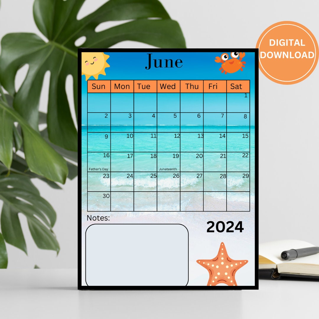 June 2024 Calendar,summer Calendar for Kids, Beach Theme Calendar for ...