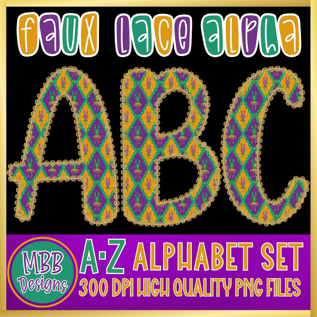 Preppy Mardi Gras Alphabet Set, Faux Lace Alphas, Mardi Gras Alpha Set ...