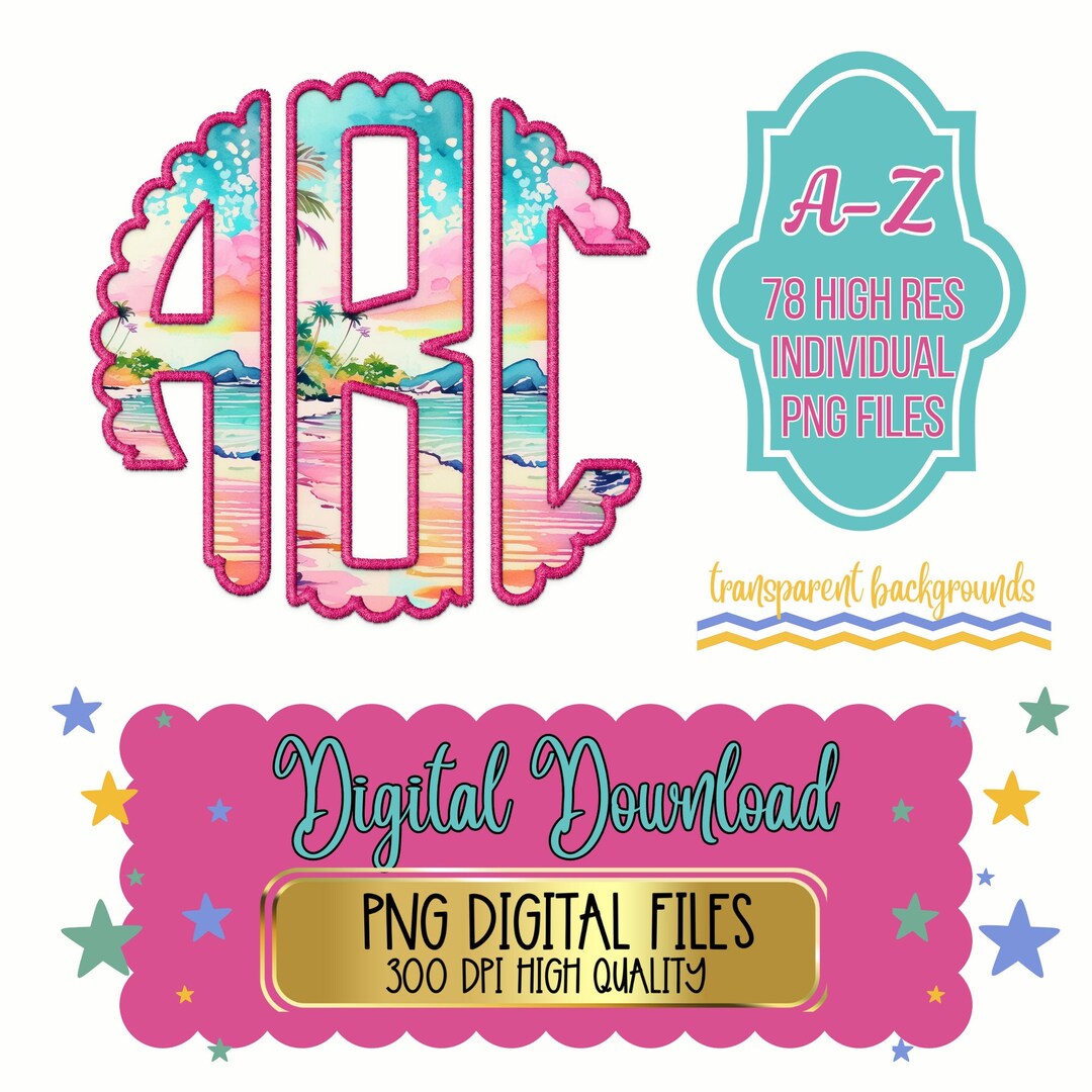 Preppy Pink Tropical Sunset Monogram Png, Faux Embroidery Monogram ...