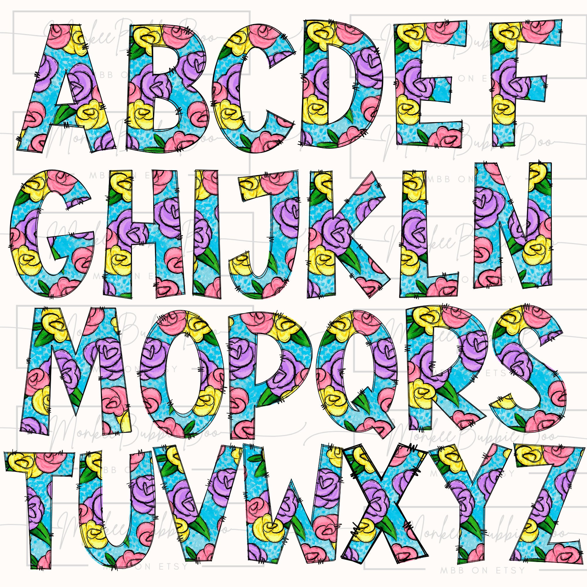 Preppy Floral A-Z Alphabet Pack Png, Uppercase Alphabet Pack, A-Z ...