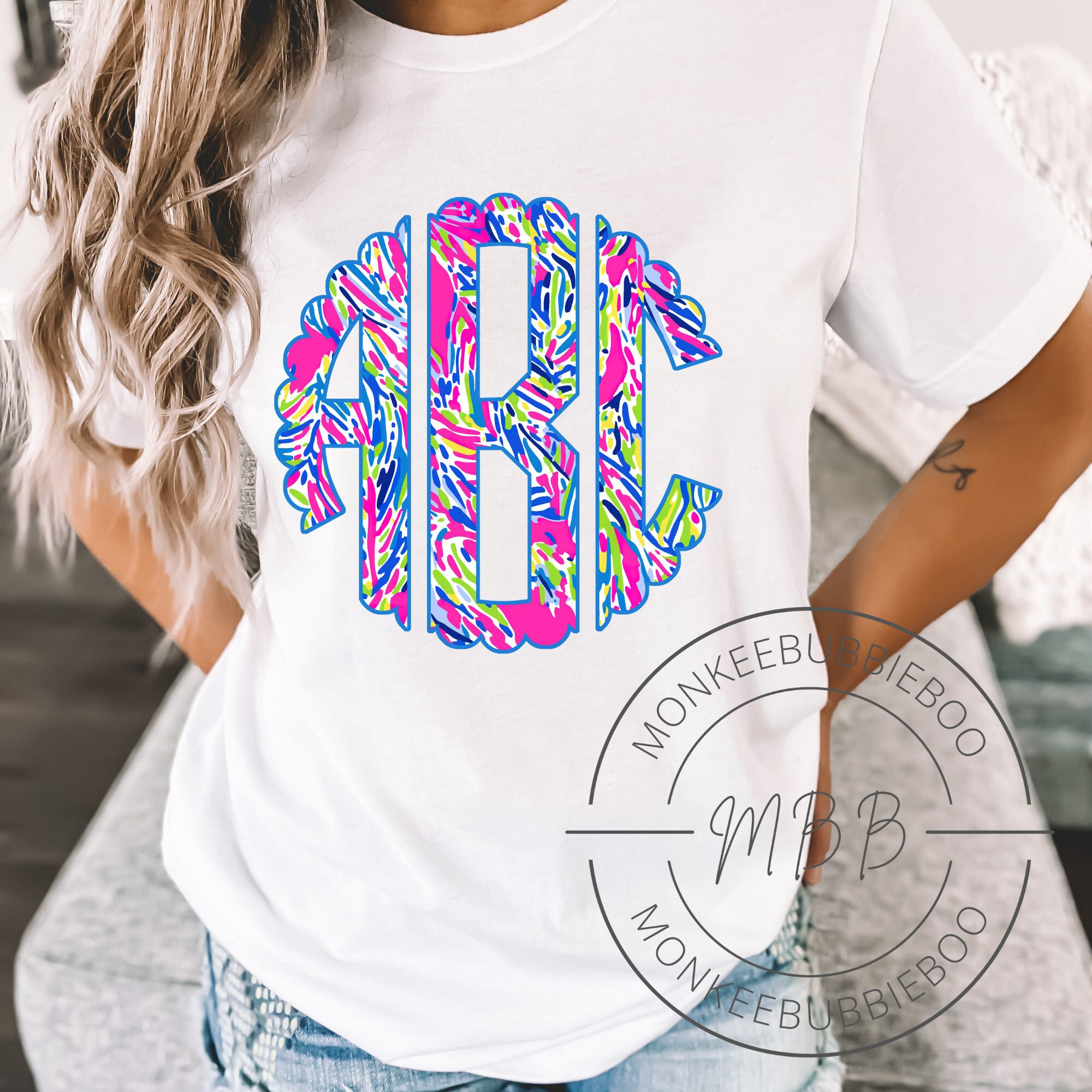 Pink Palm Blend Preppy Monogram Png, Monogram Alphabet Pack, Scallop ...