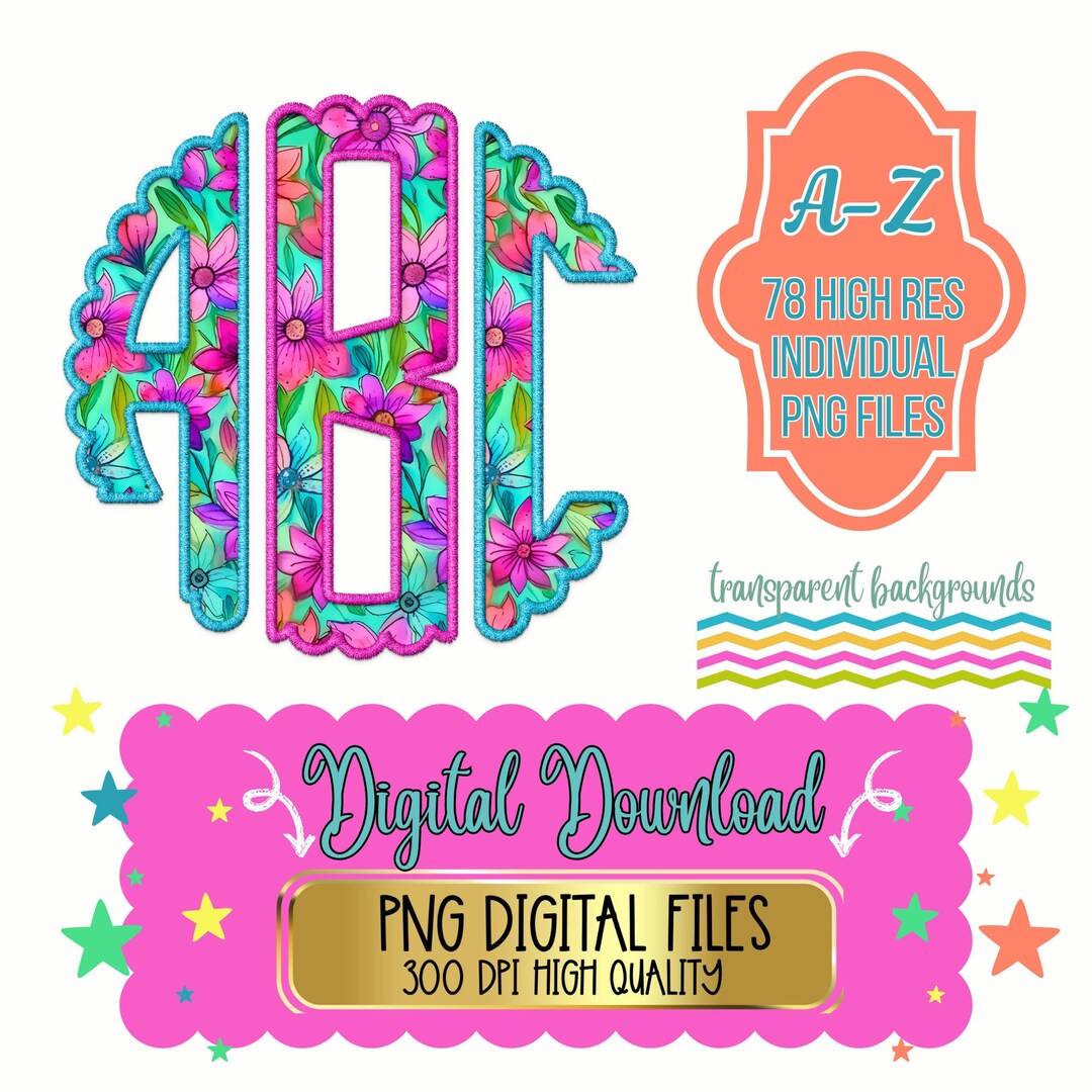 Preppy Aqua Floral Monogram Png, Faux Embroidery Monogram, Scallop ...