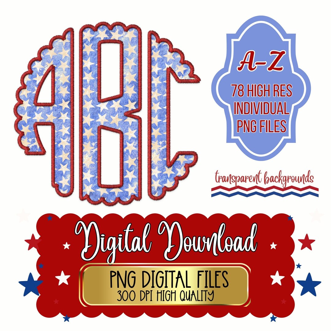 Patriotic Preppy Monogram Png, Faux Embroidery, Monogram Alphabet Pack ...