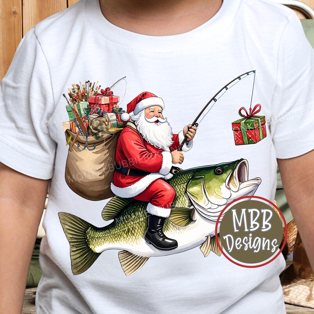 Santa Fishing Christmas PNG for Boys, Santa Riding Bass Fish Digital ...