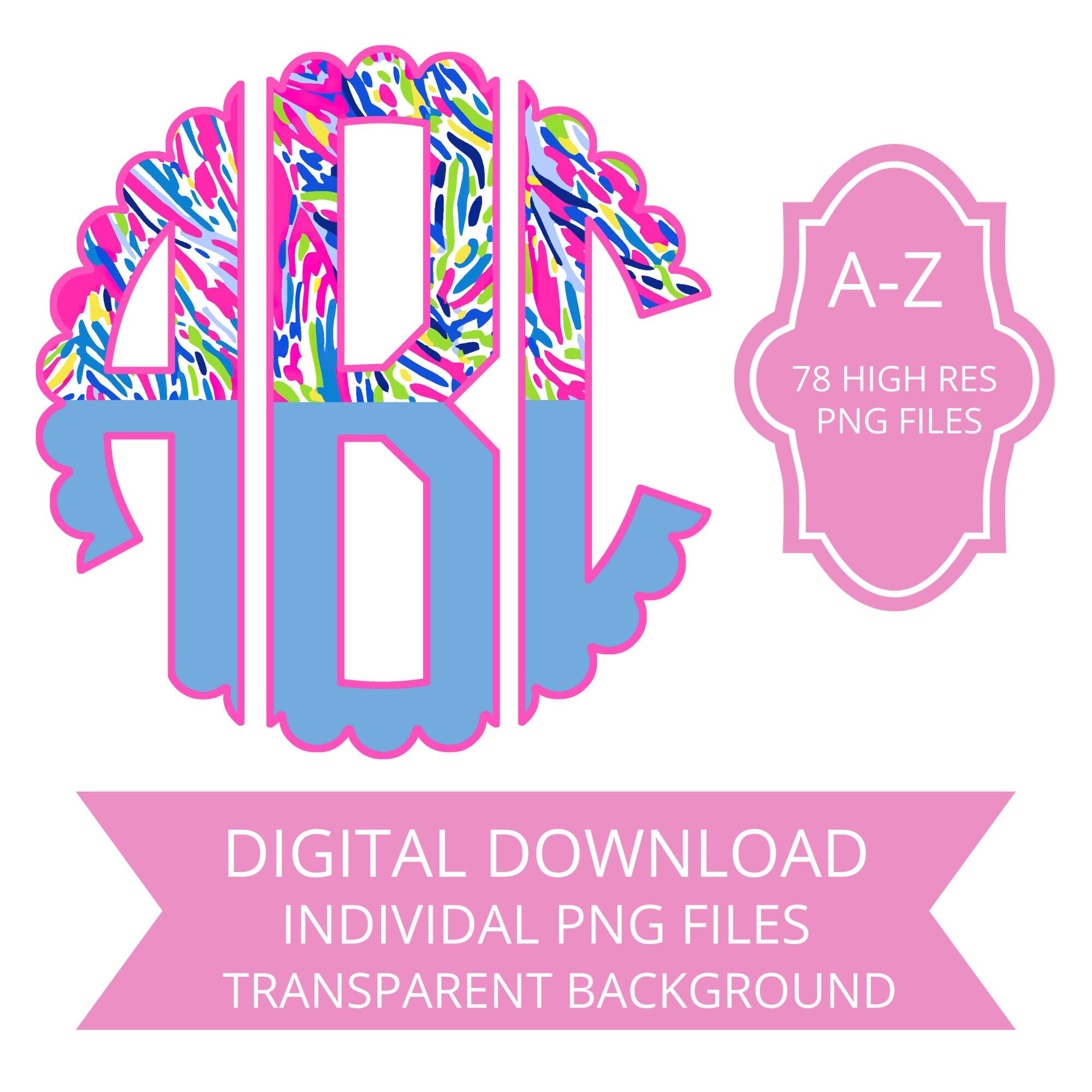 Pink Palm Blend Preppy Monogram Png, Monogram Alphabet Pack, Scallop ...