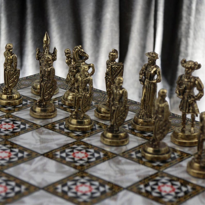 Medium Metal Spanish Soldiers Chess Set – Shiny Mother of Pearl Pattern ...