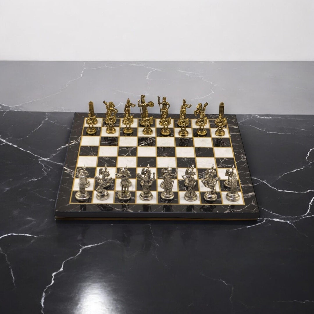 Metal Chess Set – Greek, Glossy Stone, and Marble Pattern Board ...