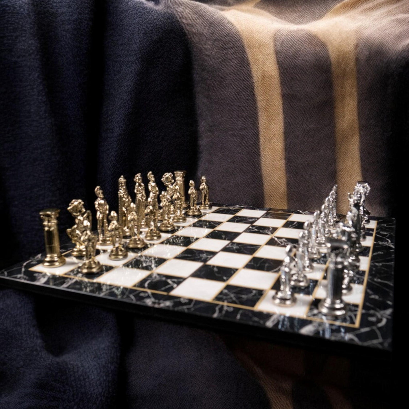 Large Metal English Chess Set Shiny Foldable Marble Pattern MDF Wood ...