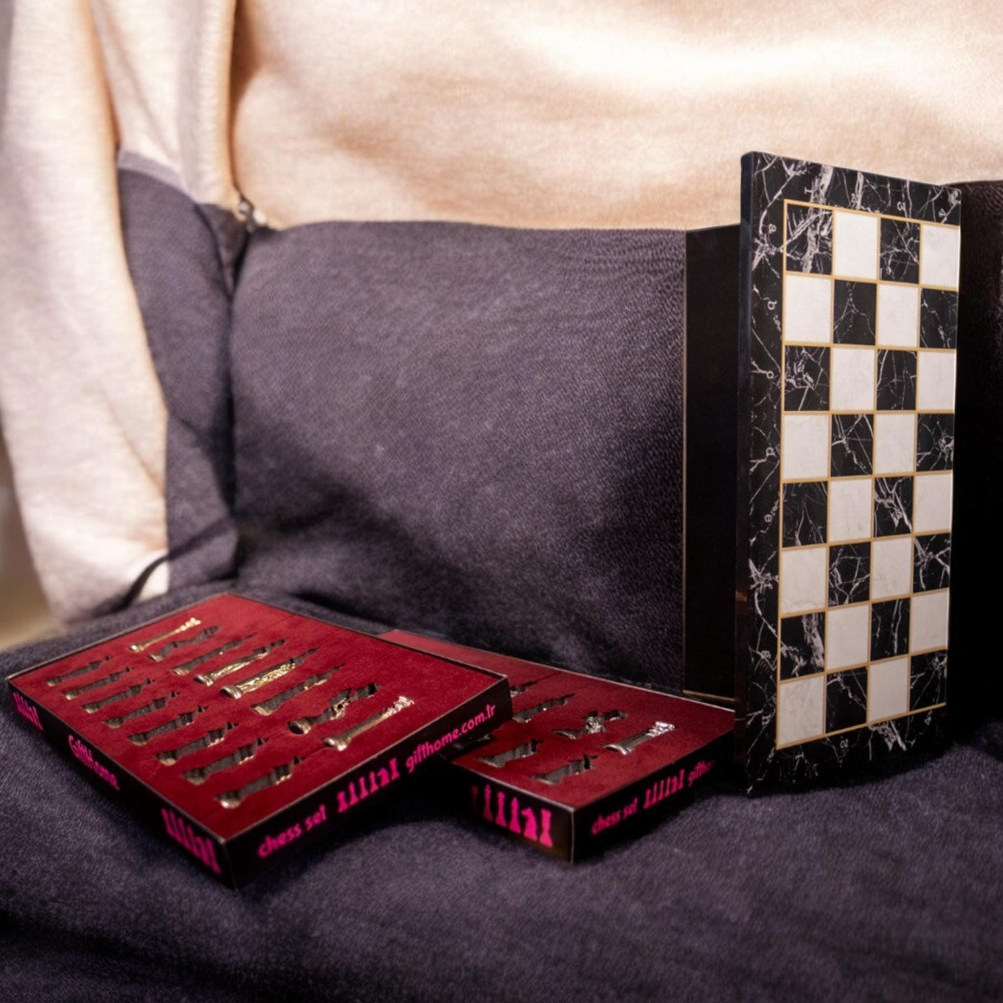 Large Metal English Chess Set Shiny Foldable Marble Pattern MDF Wood ...