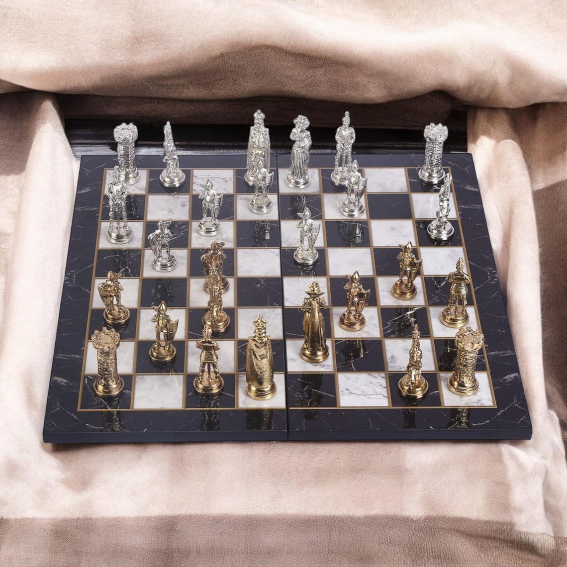 Large Metal English Chess Set Shiny Foldable Marble Pattern MDF Wood ...