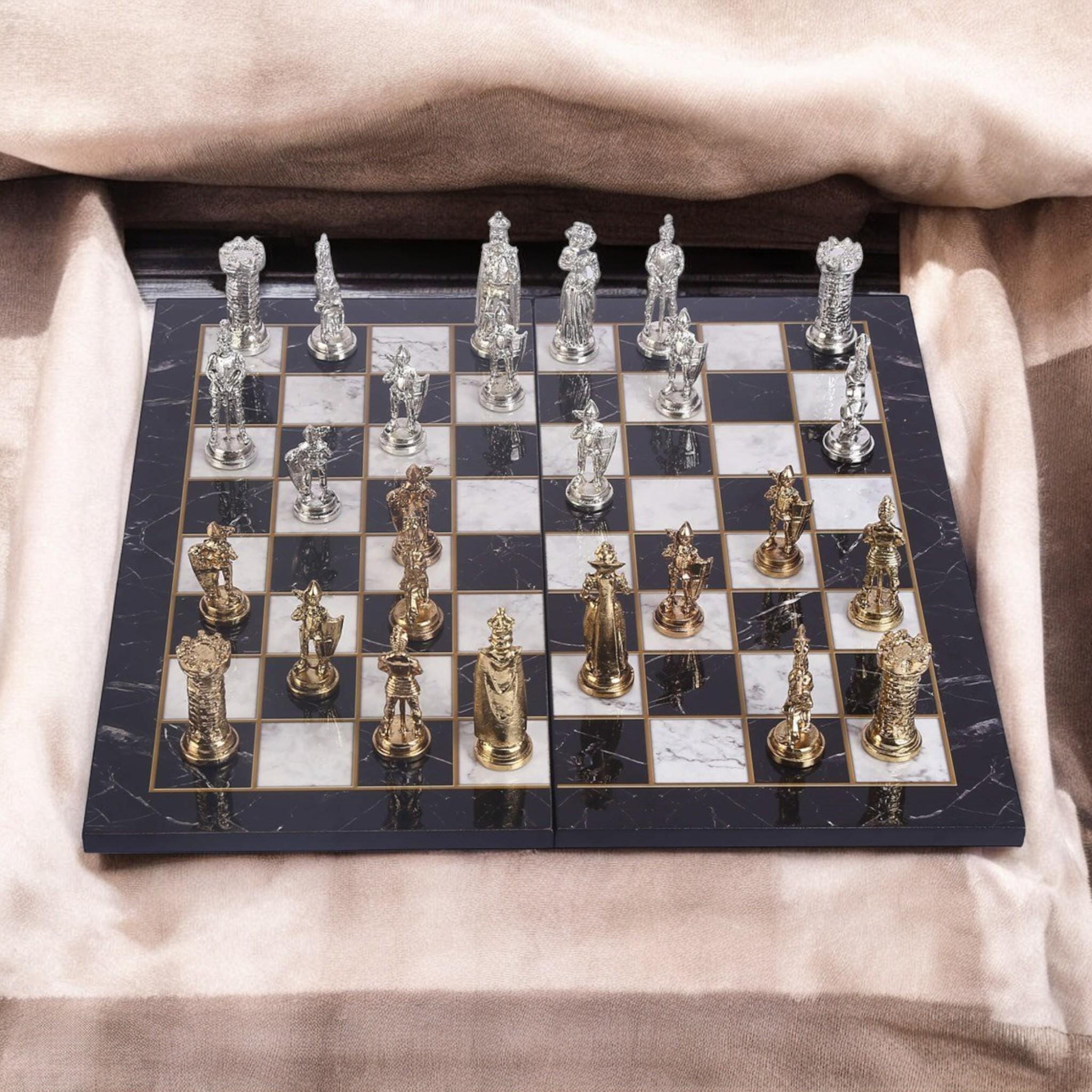 Large Metal English Chess Set Shiny Foldable Marble Pattern MDF Wood ...