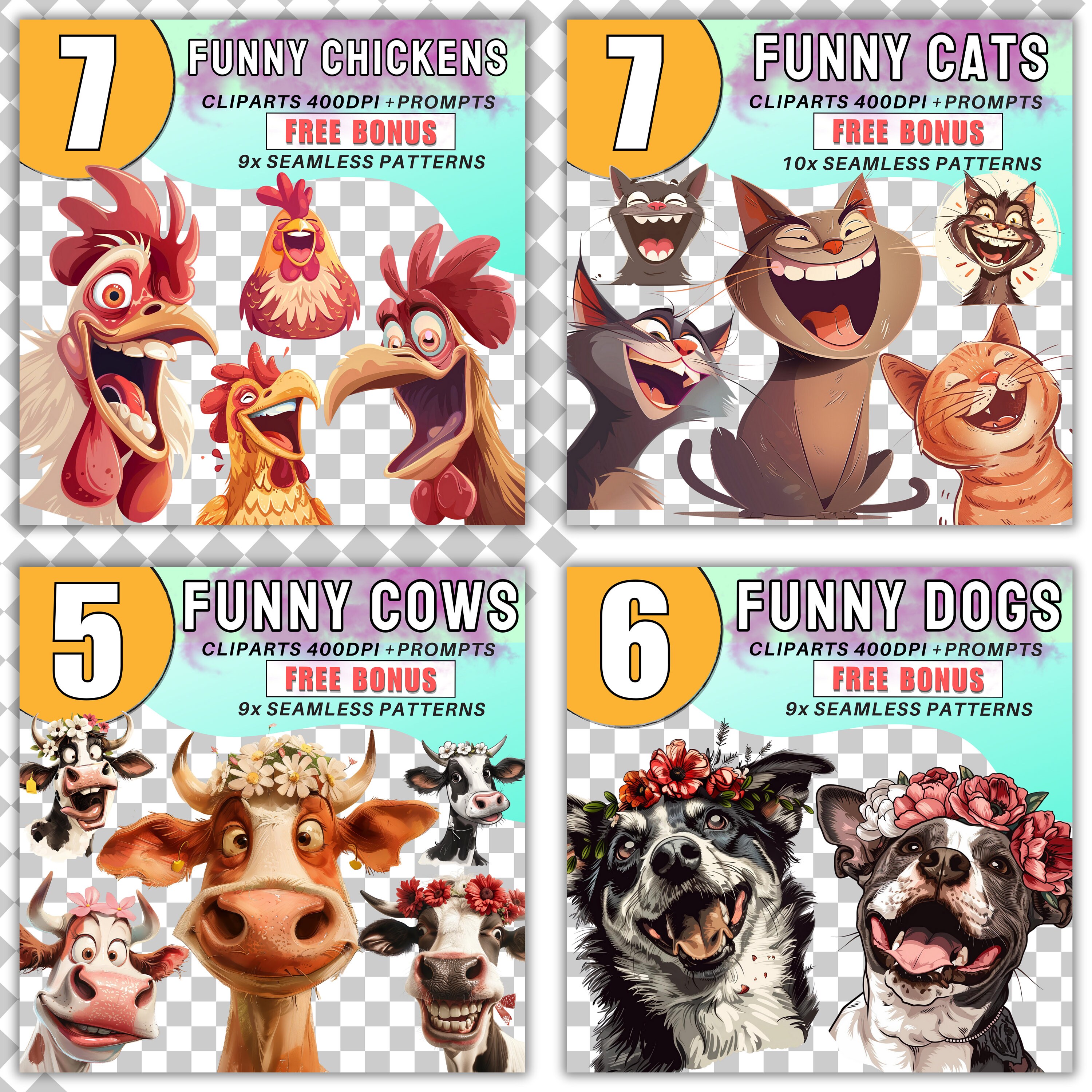 Farm Animal Clipart Bundle: 81 Funny Cartoon Graphics (PNG, Digital ...