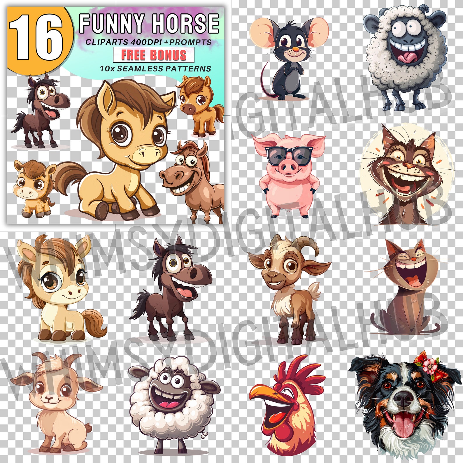 Farm Animal Clipart Bundle: 81 Funny Cartoon Graphics (PNG, Digital ...