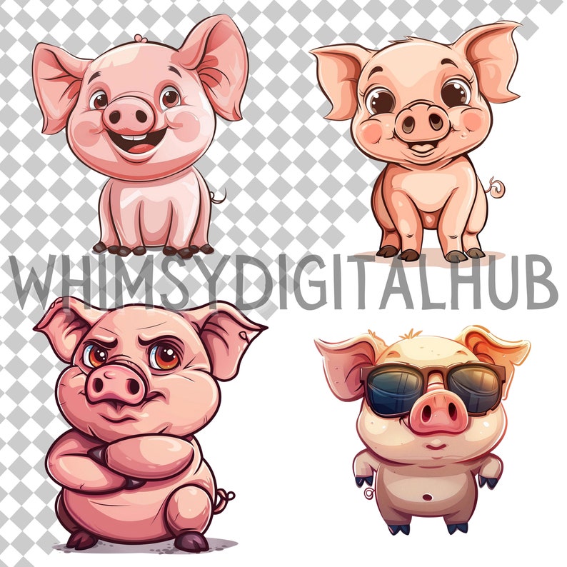 Funny Pig Clipart Bundle: Cute Caricature Animal PNG (commercial Use ...