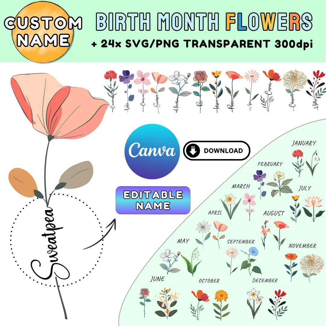 Custom Birth Flower Svg Bundle Color Birth Flower Png Bundle Canva ...
