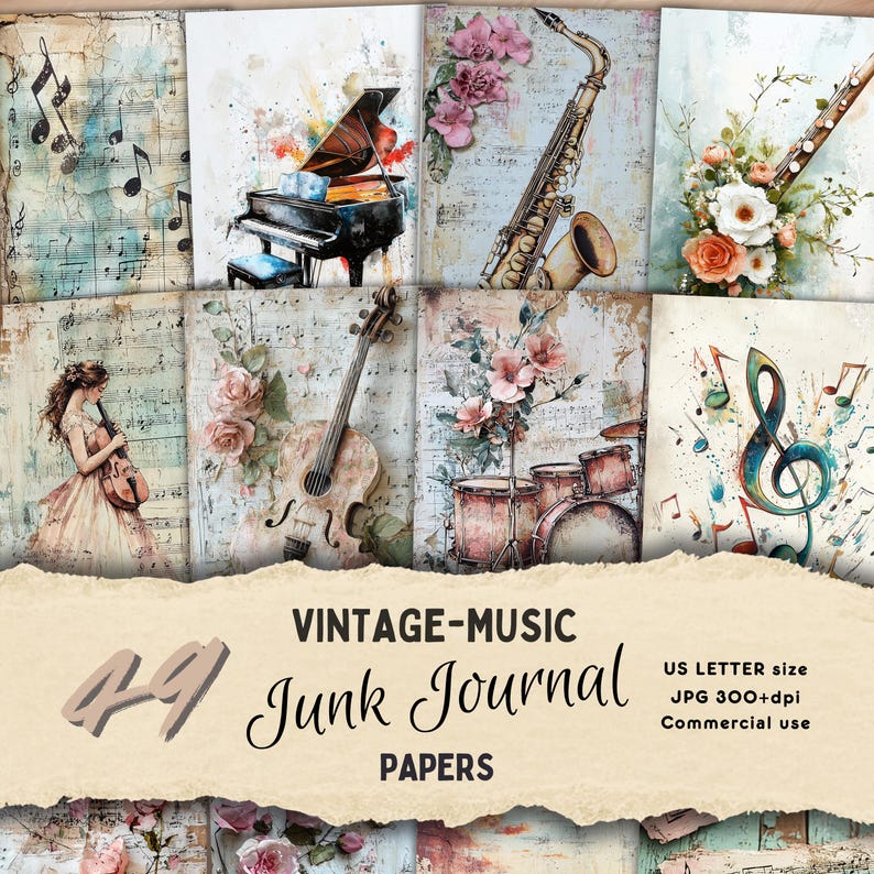 Vintage Music Junk Journal Kit: Shabby Chic Instrument Paper (digital ...