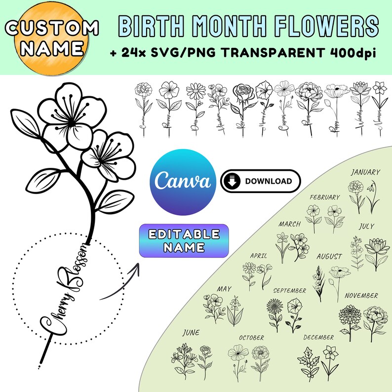 Custom Birth Flower Svg Bundle Birth Flower Png Bundle Canva Birth ...