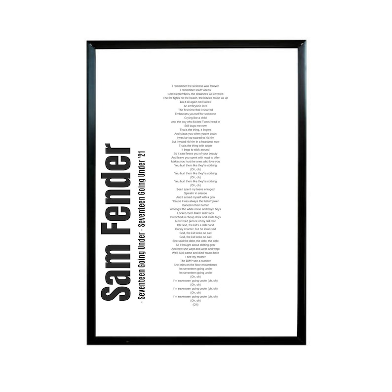 Sam Fender Seventeen Going Under Song Lyrics Print - Etsy