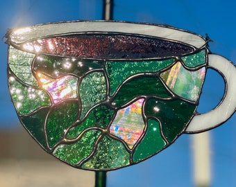 X-6 Tea Cup and Books Stained Glass Hanging Window Panel - Etsy