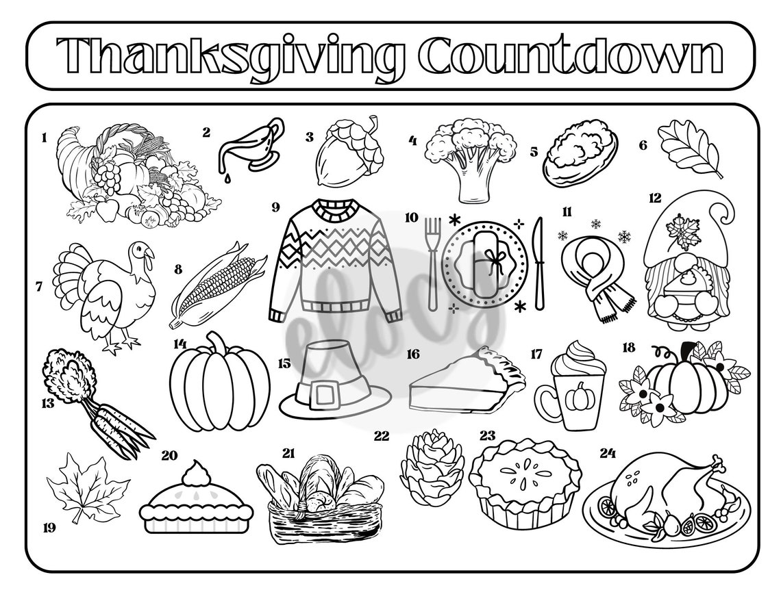 Thanksgiving Countdown Calendar Coloring Page Cute Cartoons - Etsy