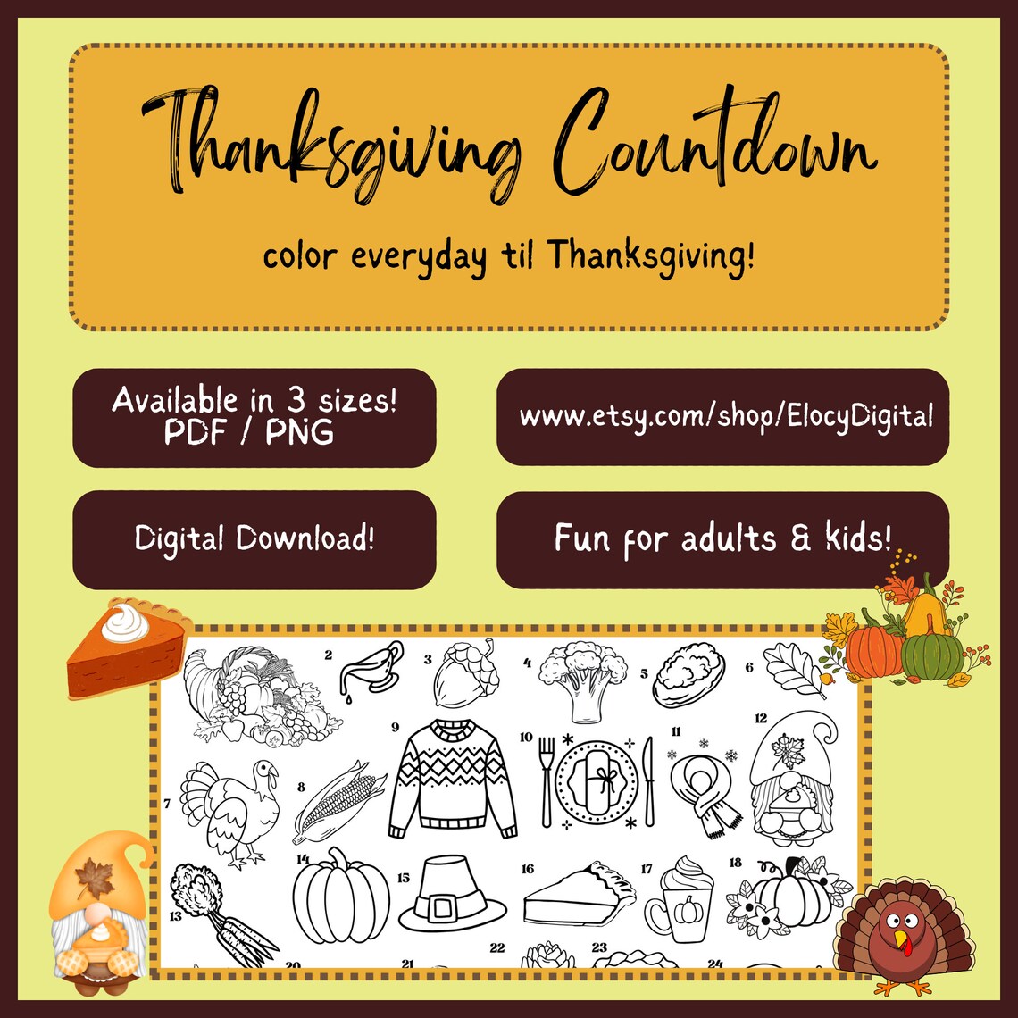 Thanksgiving Countdown Calendar Coloring Page Cute Cartoons - Etsy